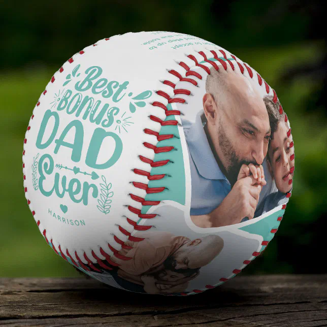 Custom Cute Bonus Dad 4 Photo & Quote Father Gift Baseball | Zazzle