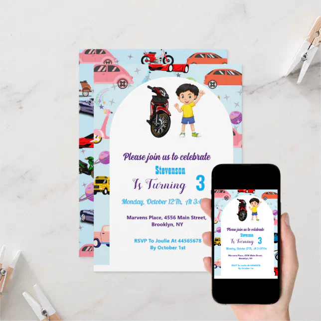 Custom Cute car motorcycle birthday party Invitation | Zazzle