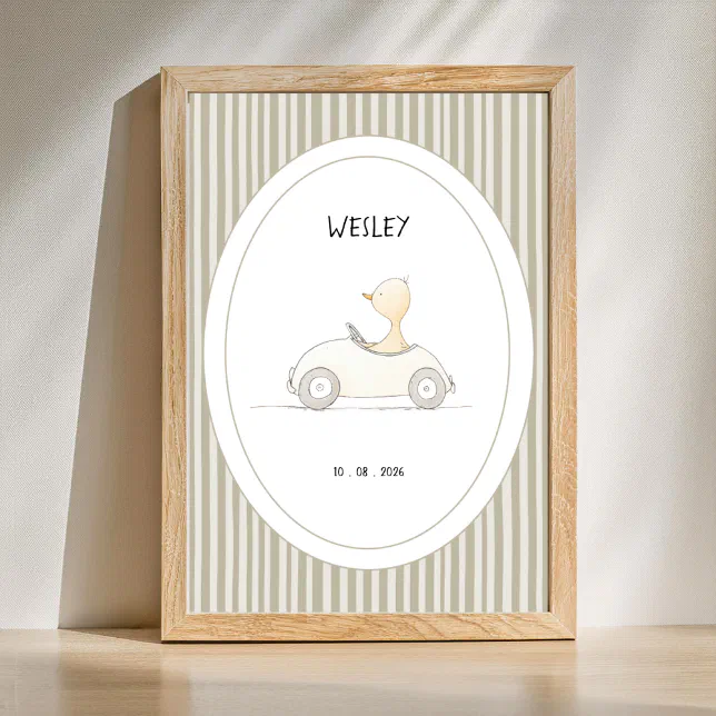 Custom Cute Duck Race Car Nursery Name Date Poster | Zazzle