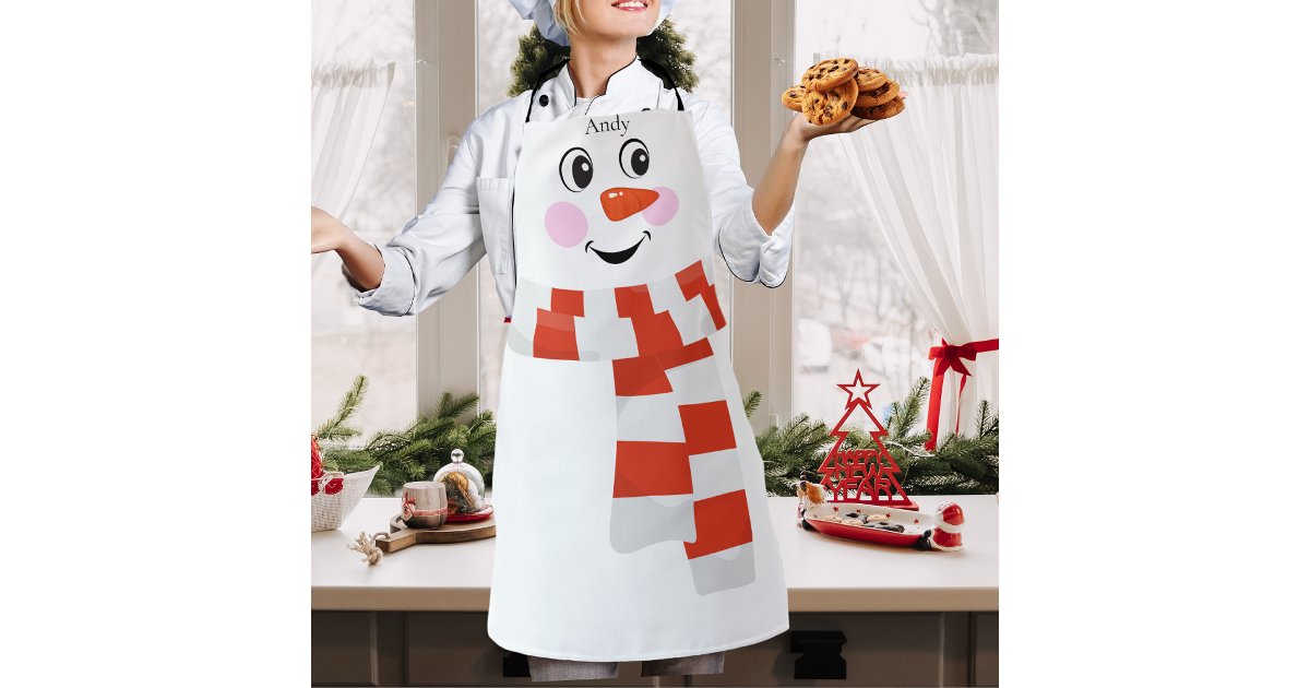 Custom Cute Happy Smiling Snowman face Apron | Zazzle