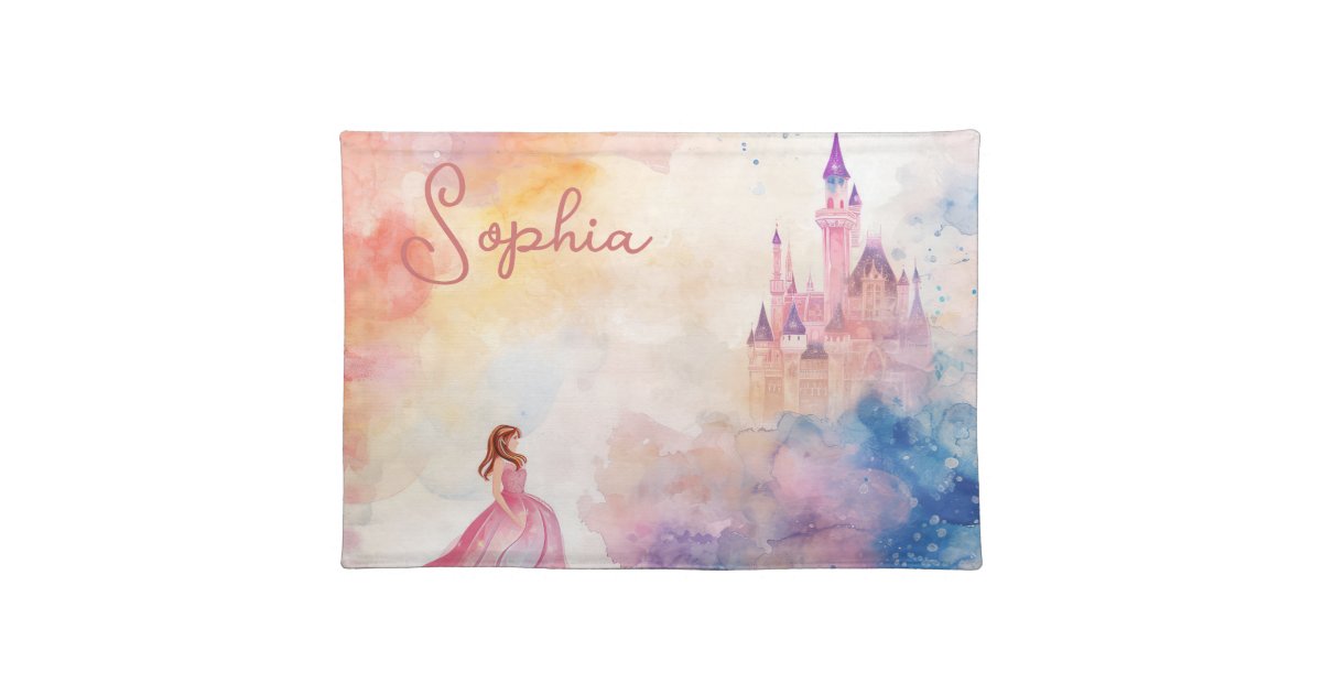 Custom Cute Pink Watercolor Princess Castle Cloth Placemat | Zazzle
