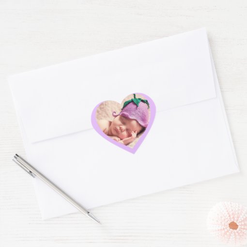 Custom Cute Purple Heart Shaped Baby Photo Sticker | Zazzle