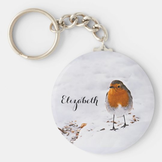 Custom cute Robin bird in snow add name Keychain | Zazzle.com