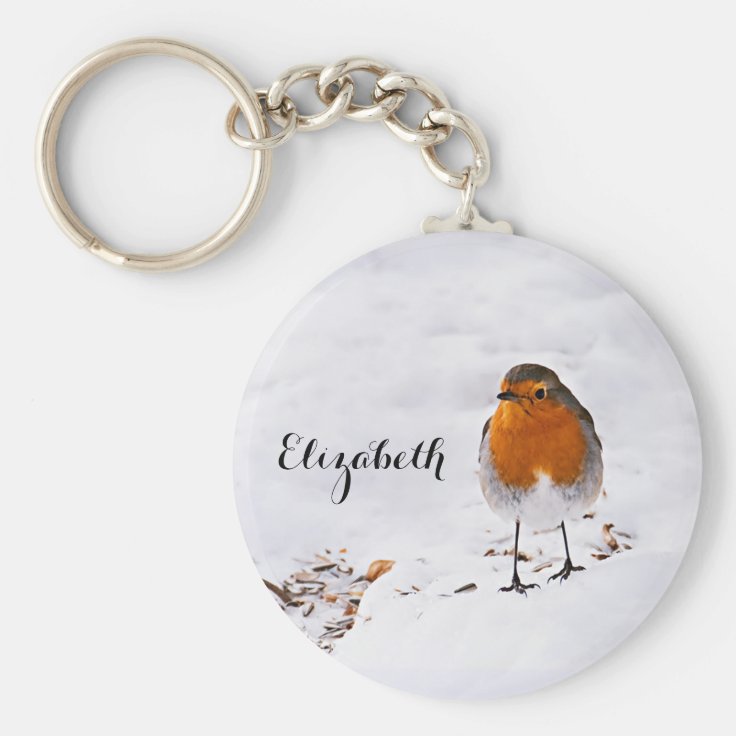 Custom cute Robin bird in snow add name Keychain | Zazzle