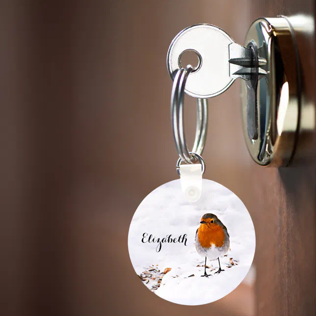 Custom cute Robin bird in snow add name Keychain | Zazzle