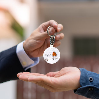 Custom cute Robin bird in snow add name Keychain | Zazzle