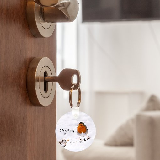 Custom cute Robin bird in snow add name Keychain | Zazzle
