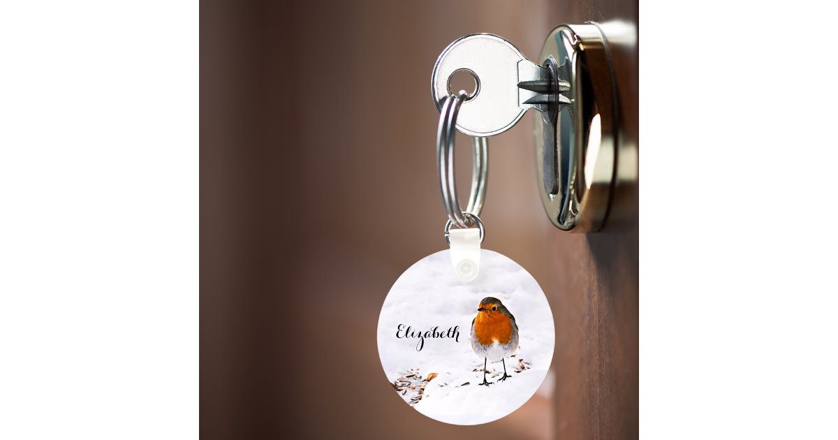 Custom cute Robin bird in snow add name Keychain | Zazzle