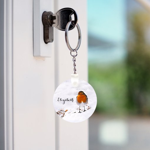 Custom cute Robin bird in snow add name Keychain | Zazzle