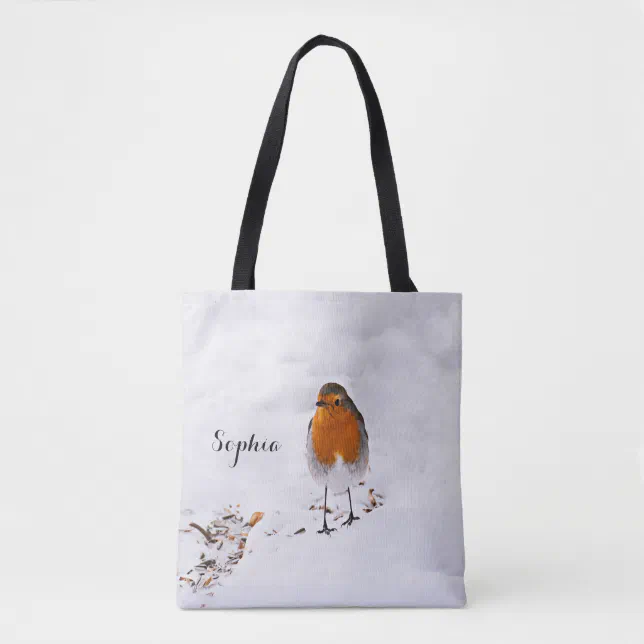 Custom cute Robin bird in snow add name Tote Bag | Zazzle