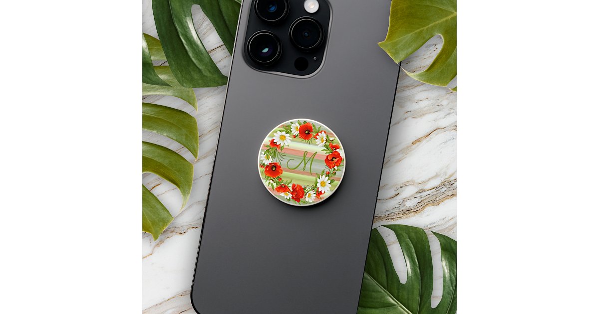 Custom Daisies Poppies Monogram Flower Wreath PopSocket | Zazzle