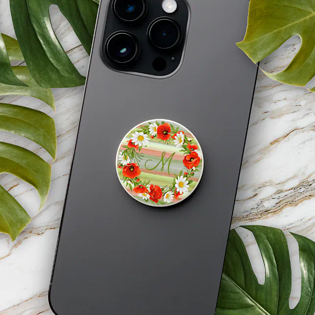 Custom Daisies Poppies Monogram Flower Wreath PopSocket | Zazzle