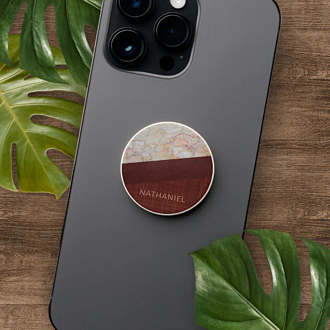 Custom Dark Burgundy Red Brown Leather Marble Look PopSocket | Zazzle
