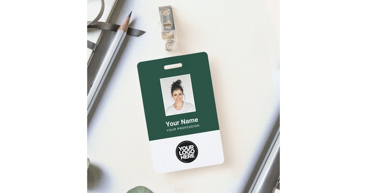 Custom Dark Green Employee Photo, Bar Code, Logo Badge | Zazzle