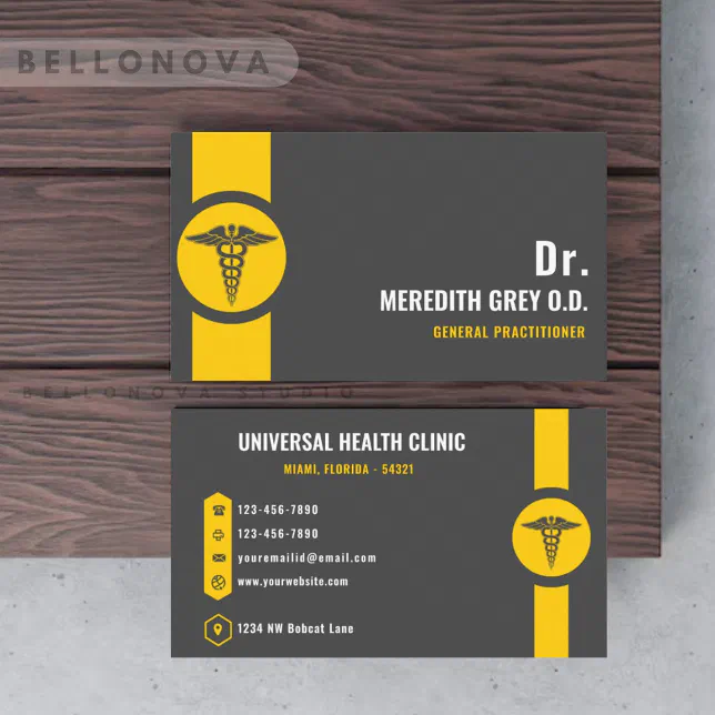 Custom Dark Grey Black Yellow Doctor Fancy Business Card | Zazzle