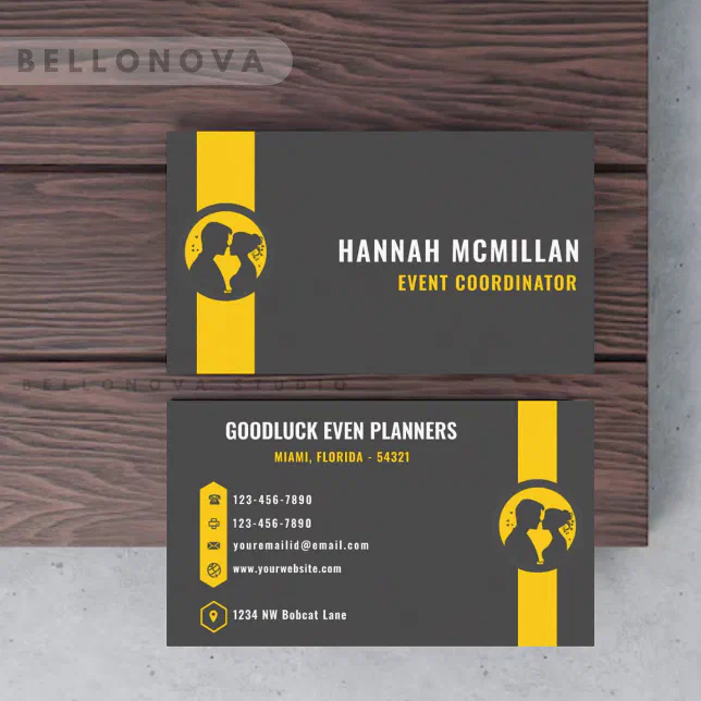 Custom Dark Grey Black Yellow Event Planning Business Card | Zazzle