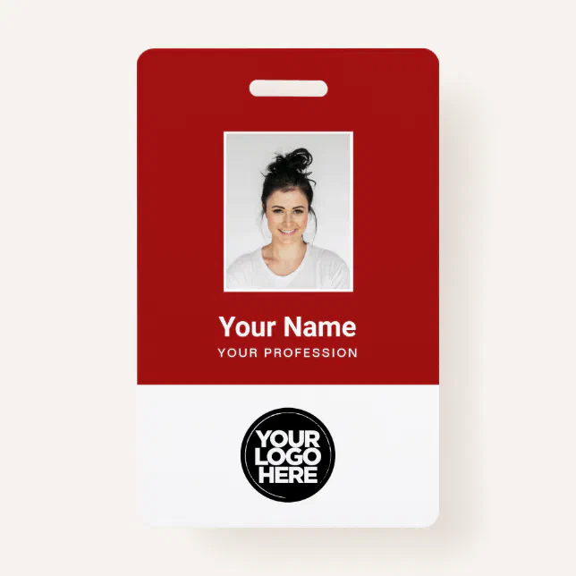 Custom Dark Red Employee Photo, Bar Code, Logo Badge | Zazzle