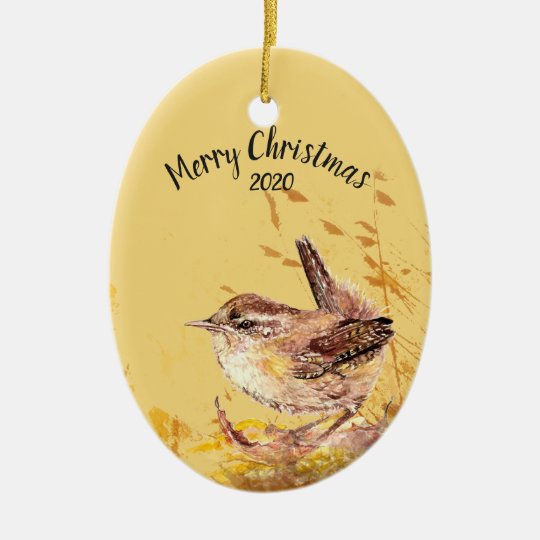 Custom Dated Christmas House Wren Bird Watercolor Ceramic Ornament ...