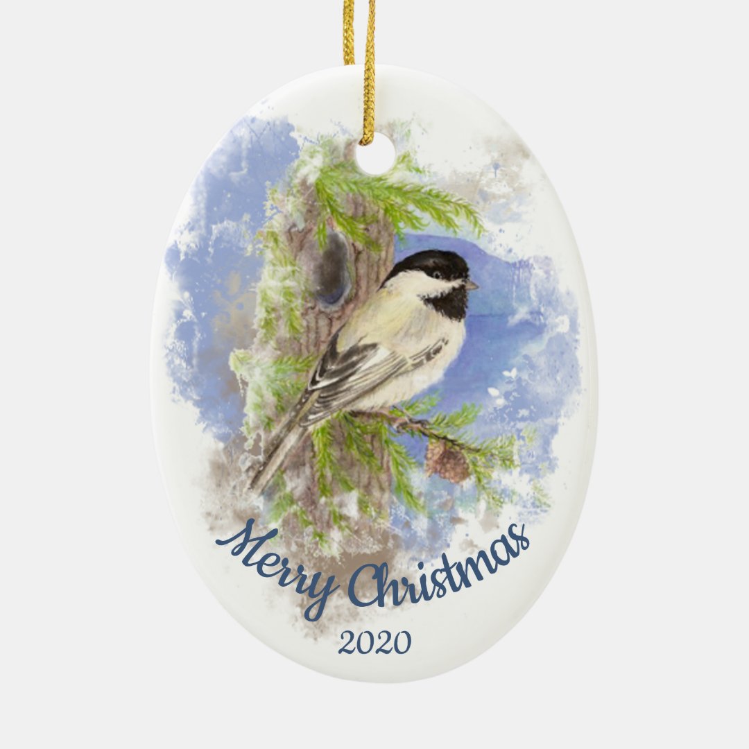 Custom Dated Christmas Mountain Chickadee Bird Ceramic Ornament | Zazzle