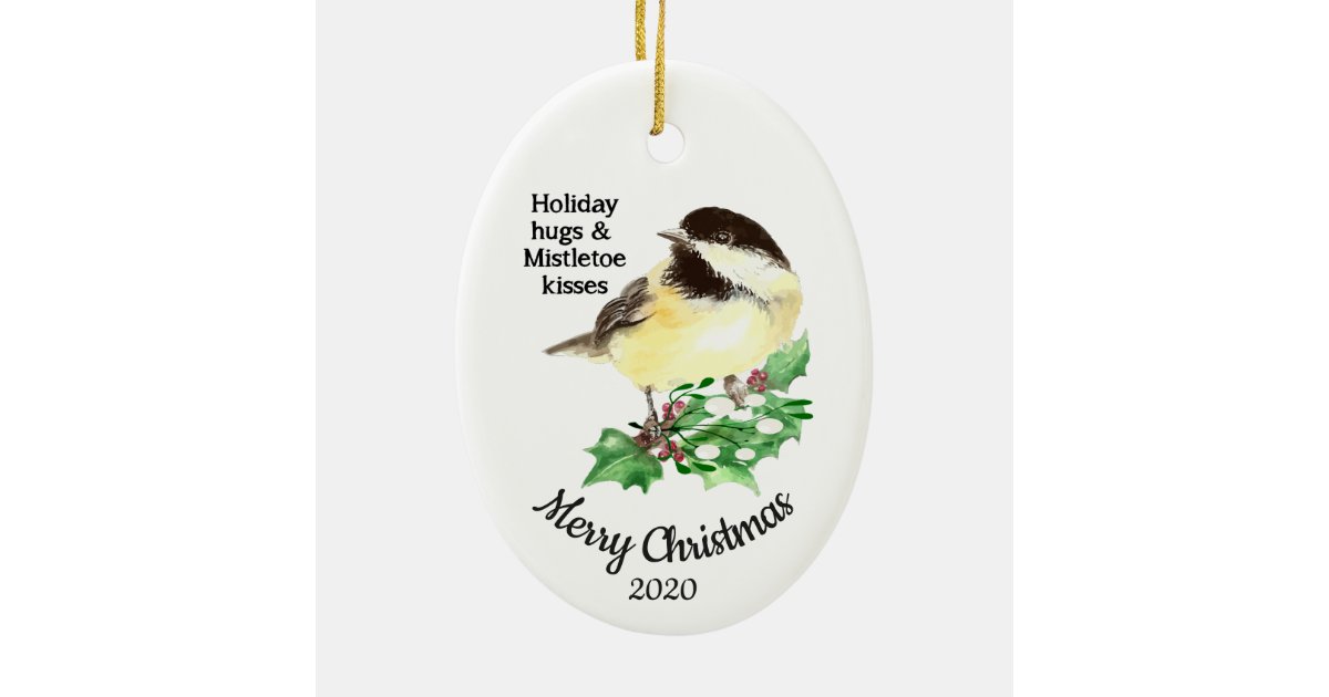 Custom Dated Christmas Quote Fun Chickadee Bird Ceramic Ornament | Zazzle