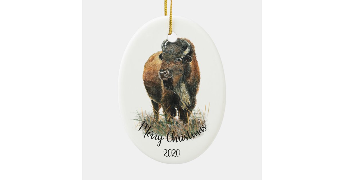 Custom Dated Christmas Watercolor Bison Buffalo Ceramic Ornament | Zazzle