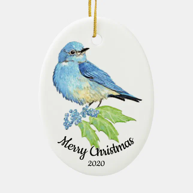 Custom Dated Christmas Watercolor Bluebird Bird Ceramic Ornament | Zazzle