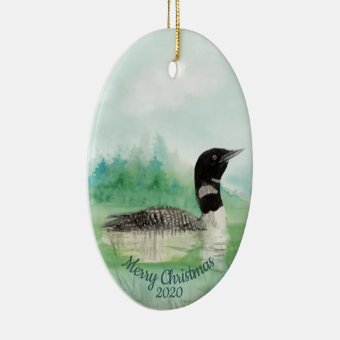 Custom Dated Christmas Watercolor Common Loon Bird Ceramic Ornament ...