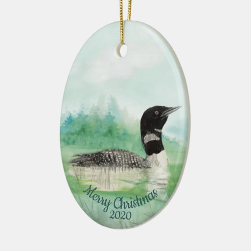 Custom Dated Christmas Watercolor Common Loon Bird Ceramic Ornament ...