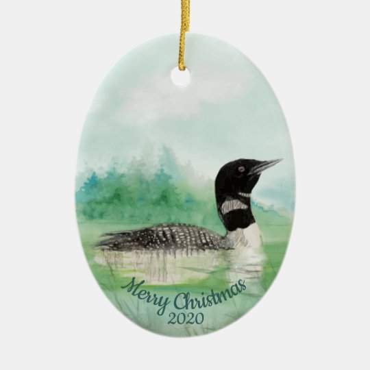 Custom Dated Christmas Watercolor Common Loon Bird Ceramic Ornament ...
