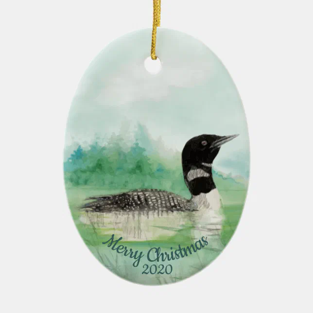 Custom Dated Christmas Watercolor Common Loon Bird Ceramic Ornament ...