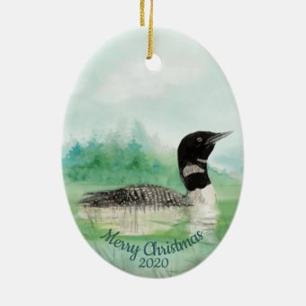 Custom Dated Christmas Watercolor Common Loon Bird Ceramic Ornament ...