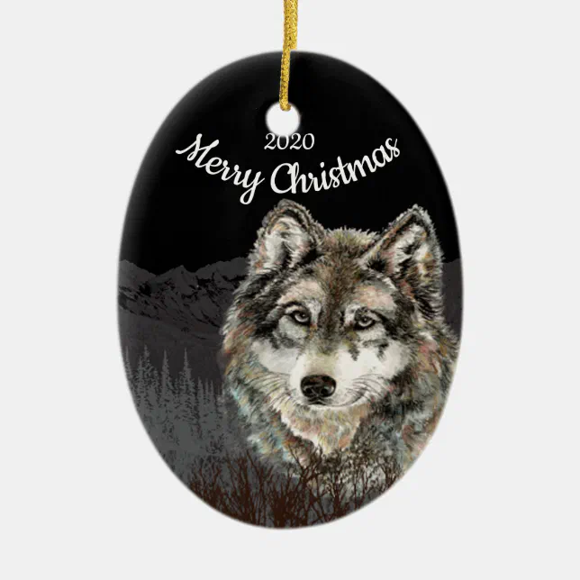 Custom Dated Christmas Wolf Mountain Ceramic Ornament | Zazzle