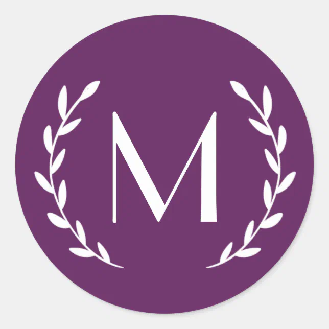 Custom Deep Purple Laurel Monogram Letter Initial Classic Round Sticker ...