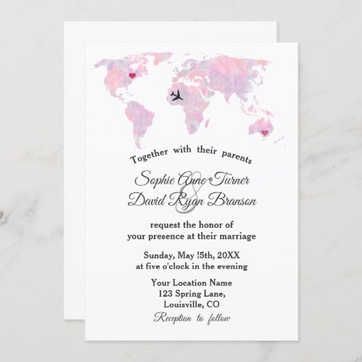 Custom Destination Wedding Watercolor World Map Invitation | Zazzle