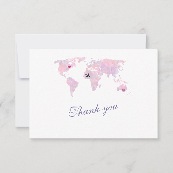 Custom Destination World Map Wedding Thank You Card | Zazzle