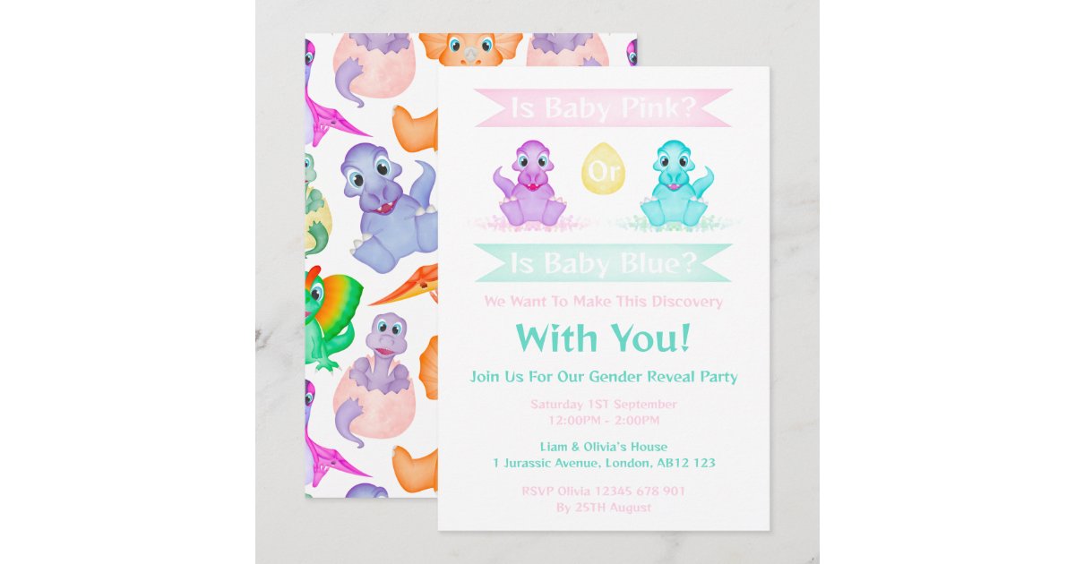 Custom Dino Watercolour Dinosaur Gender Reveal Invitation | Zazzle
