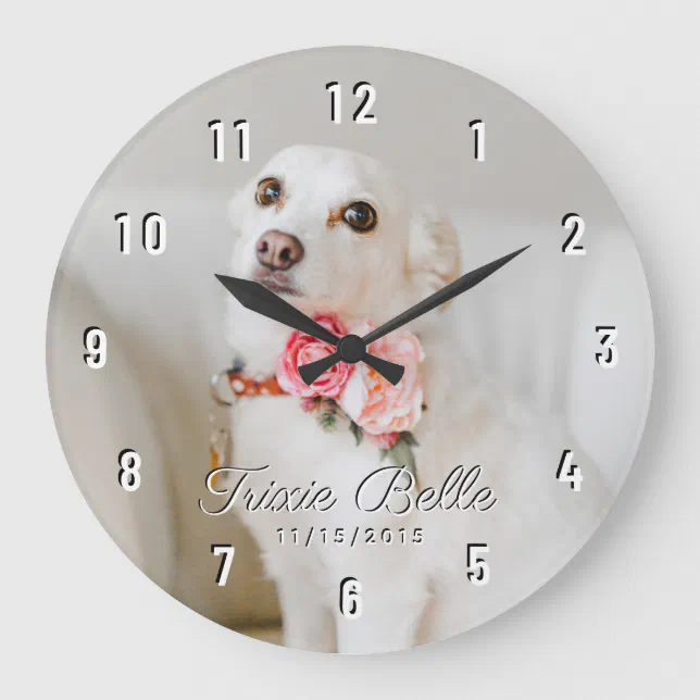 Custom Dog Pet Photo White Numbers Large Clock | Zazzle
