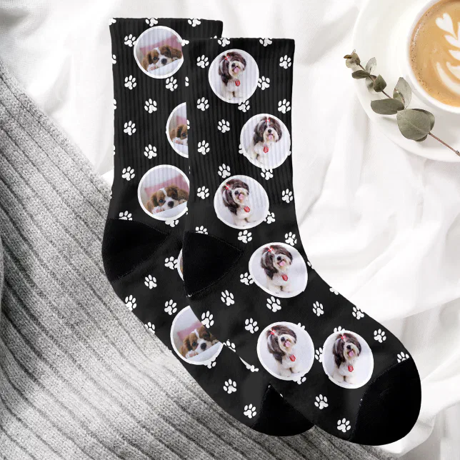 Custom Dog Photo Black Paw Print Socks | Zazzle