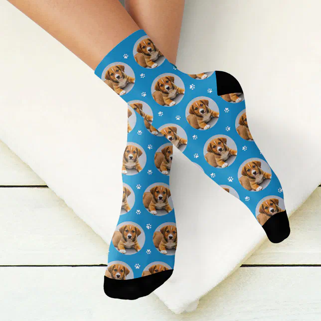 Custom Dog Photo Blue Paw Print Socks | Zazzle