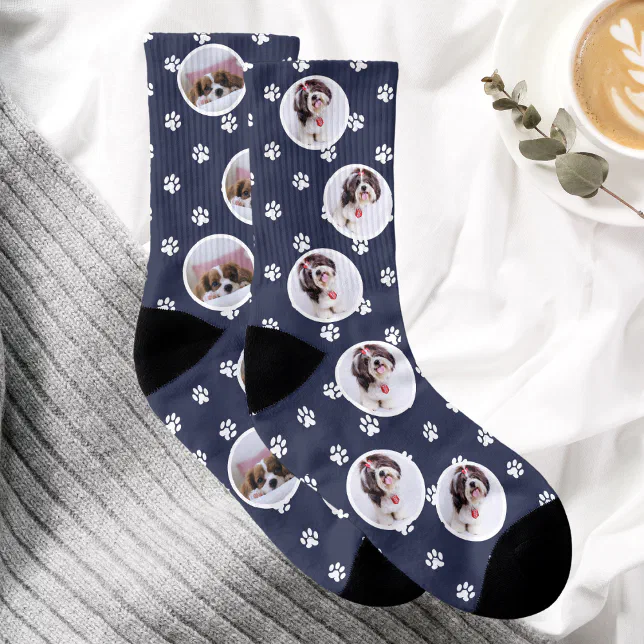 Custom Dog Photo Blue Paw Print Socks | Zazzle