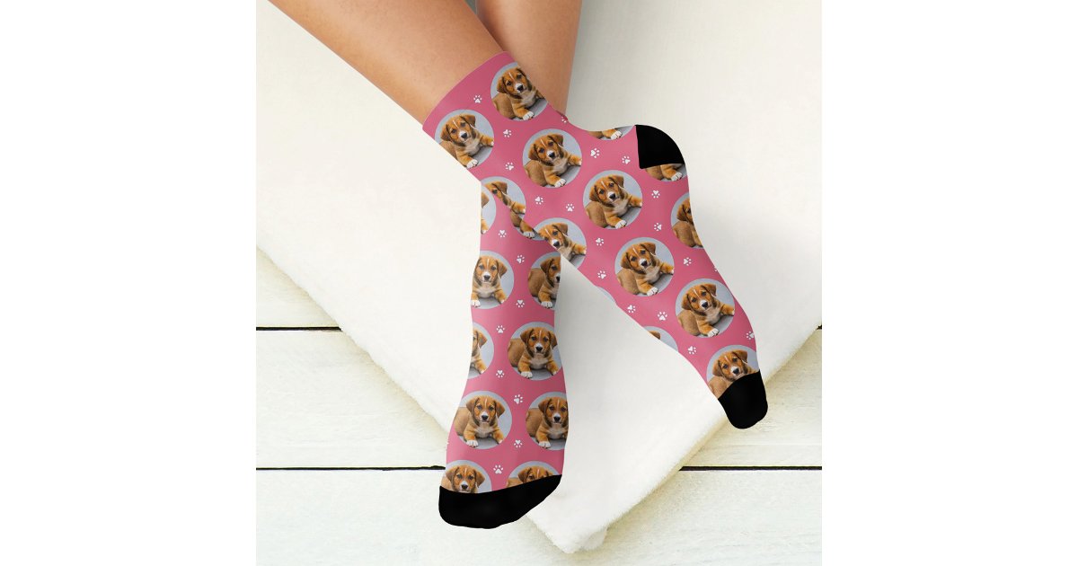 Custom Dog Photo Pink Paw Print Socks | Zazzle