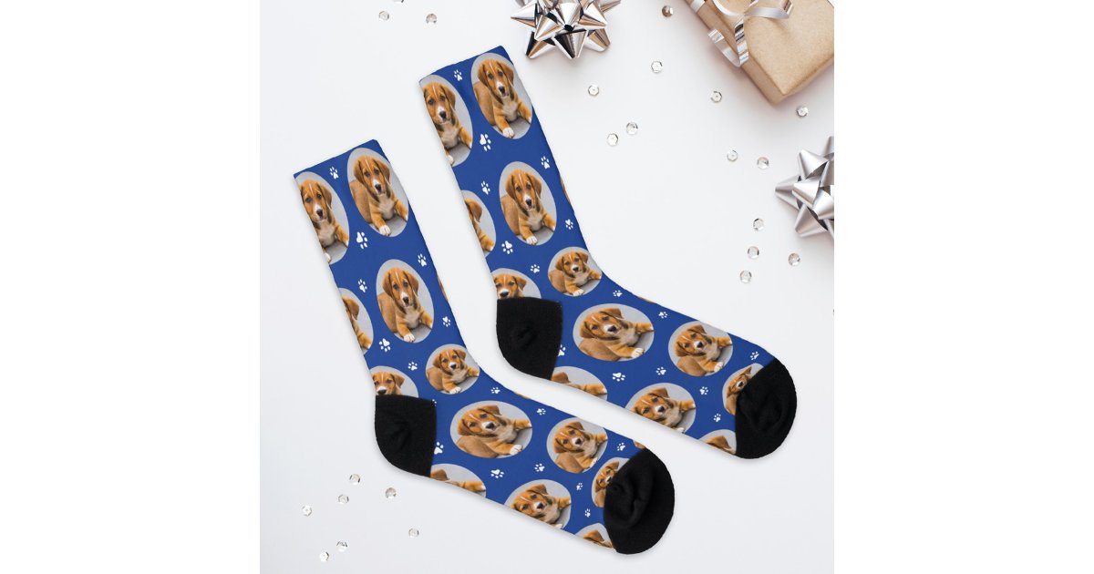Custom Dog Photo Royal Blue Paw Print Socks | Zazzle
