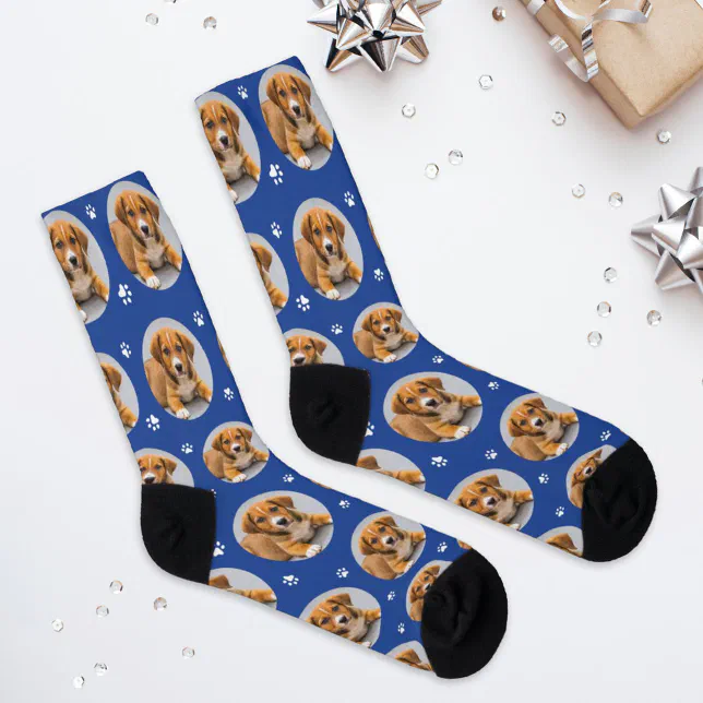 Custom Dog Photo Royal Blue Paw Print Socks | Zazzle