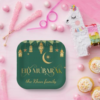 Custom "Eid Mubarak" Green Gold Lanterns + Moon Paper Plates | Zazzle
