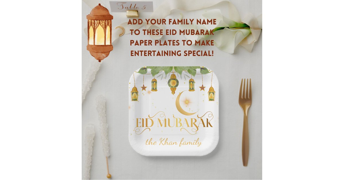 Custom "Eid Mubarak" White Gold Lanterns + Moon Paper Plates | Zazzle