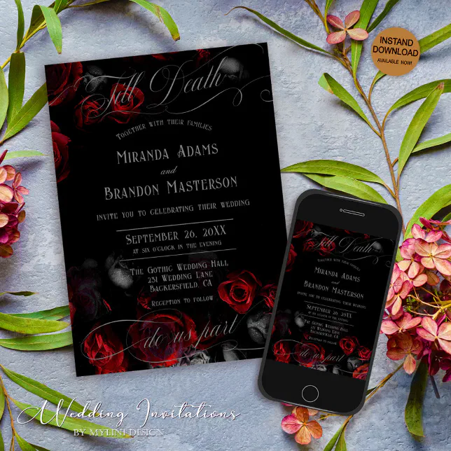 Custom Elegant Black and Red Floral Wedding Invitation | Zazzle