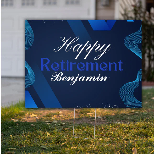 Custom Elegant Blue and White Happy Retirement Sign | Zazzle