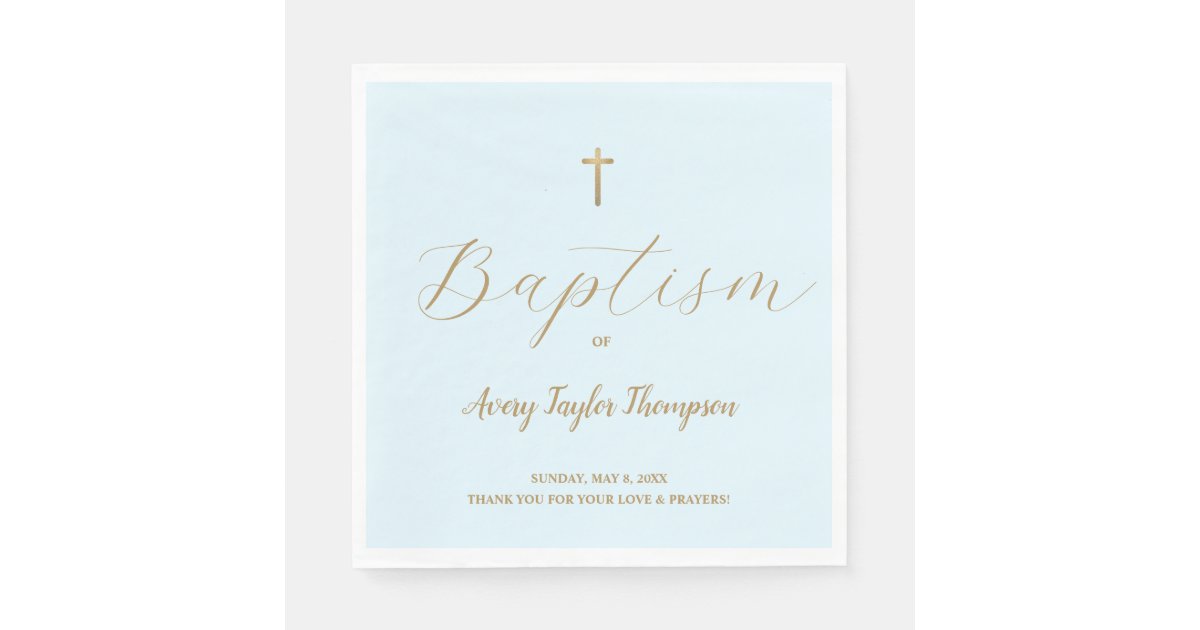 Custom Elegant Blue gold Cross Baptism Script Napkins | Zazzle