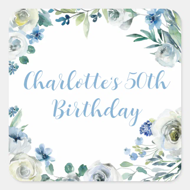 Custom Elegant Blue White Floral Birthday Party Square Sticker | Zazzle