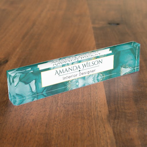 Custom Elegant Green Gold Ink Desk Nameplate | Zazzle